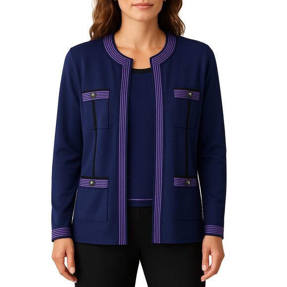 Misook | Sweaters | Misook Sweater Jacket Set Blue Purple Trim Knit ...